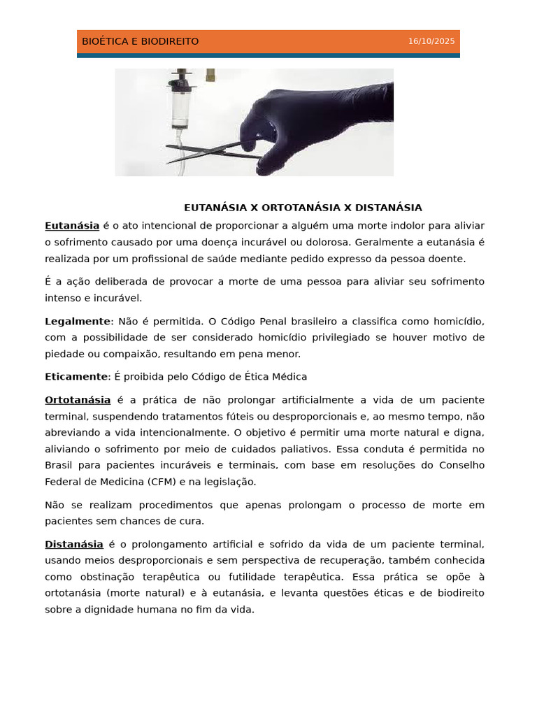 Eutanásia, Ortotanásia e Distanásia: Ética e Legalidade | PDF