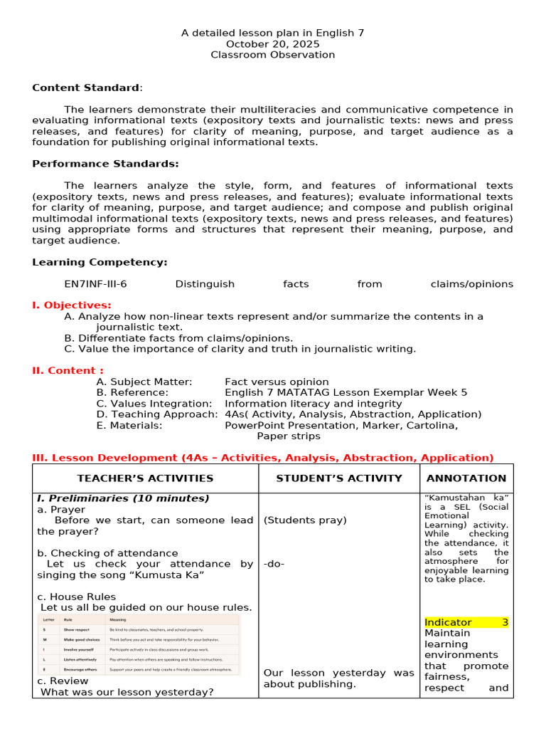 A Detailed Lesson Plan in English 7 | PDF | Teachers | Knowledge