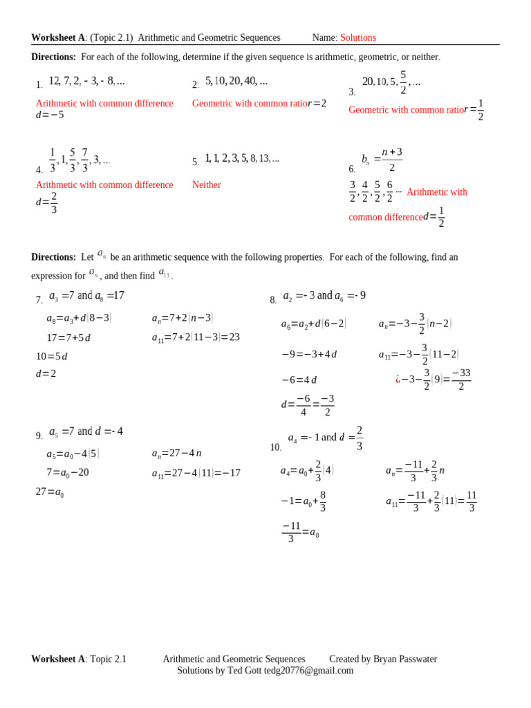 Worksheet a Key Topic 2.1 Change in Arithmetic and Geometric Sequences ...