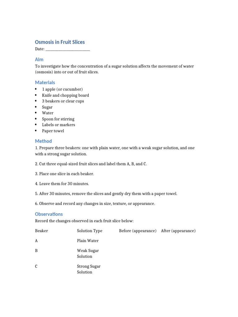 Effects of Sugar Solutions on Fruit Osmosis | PDF