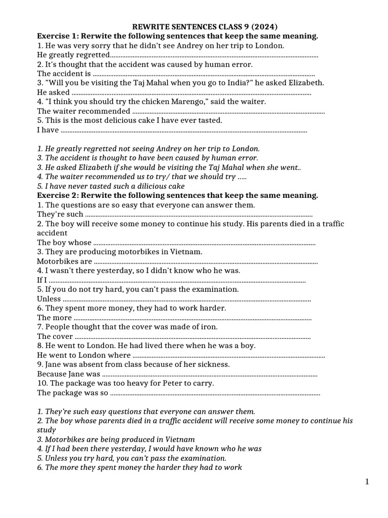 Rewrite Sentences Class 9 | PDF