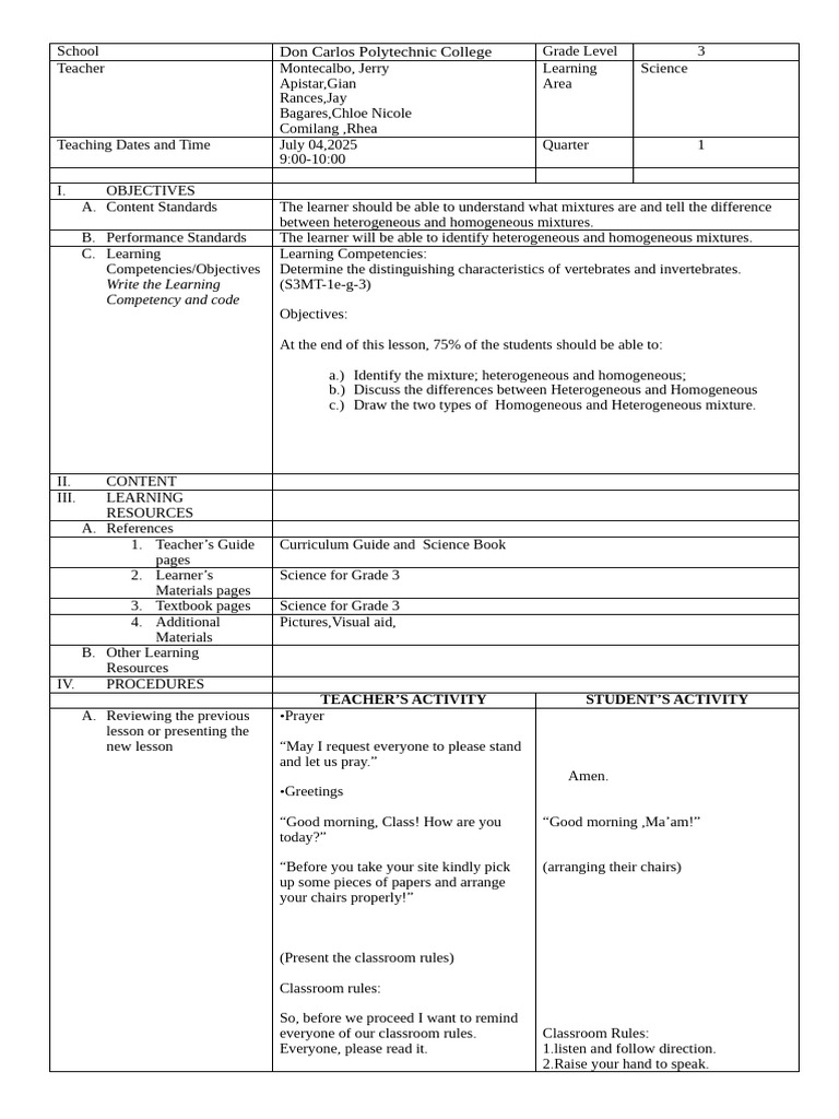 LESSON-PLAN-DO-42 2 | PDF | Mixture | Homogeneity And Heterogeneity