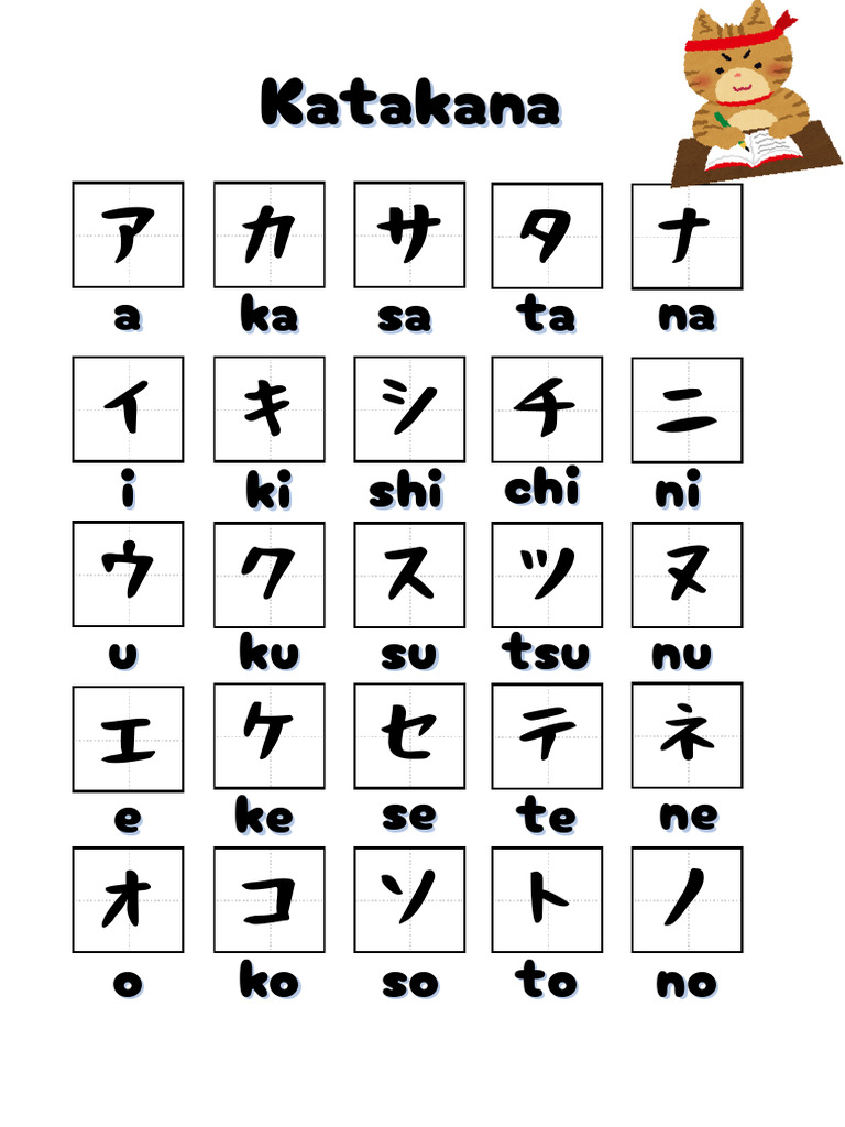 Japanese Beginner Katakana Worksheet in White Blue Simple Style | PDF