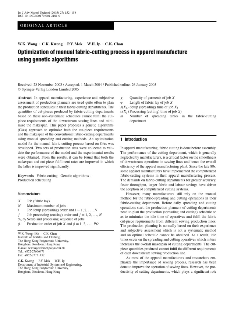 Optimization of Manual Fabric Cutting Process in Apparel Manufacture Using Genetic Algorithms 1 ...