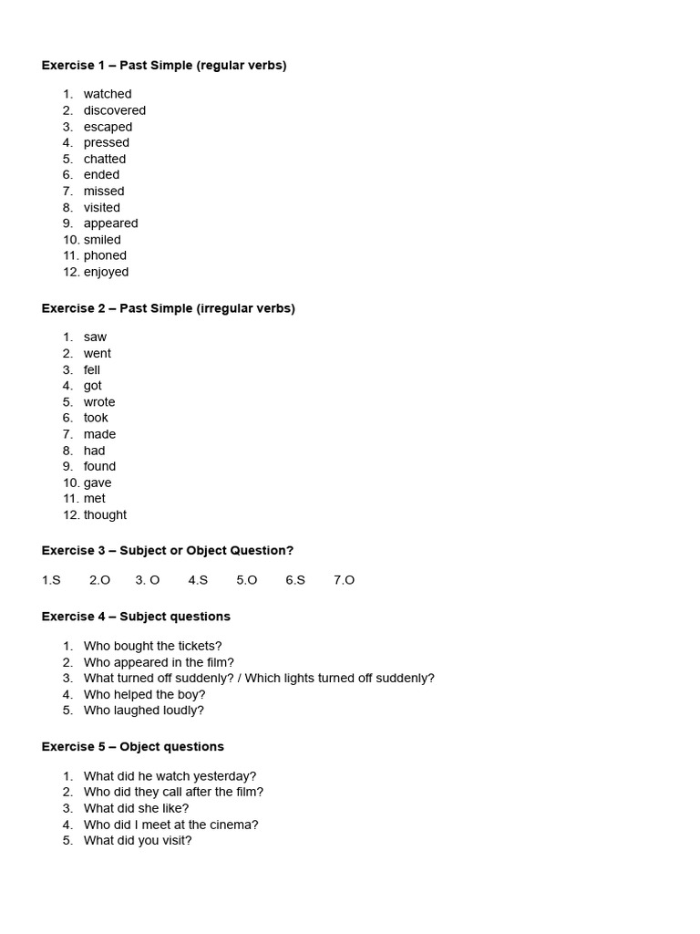 Answer Key Past Simple & Subject - Object Questions | PDF | Chess ...
