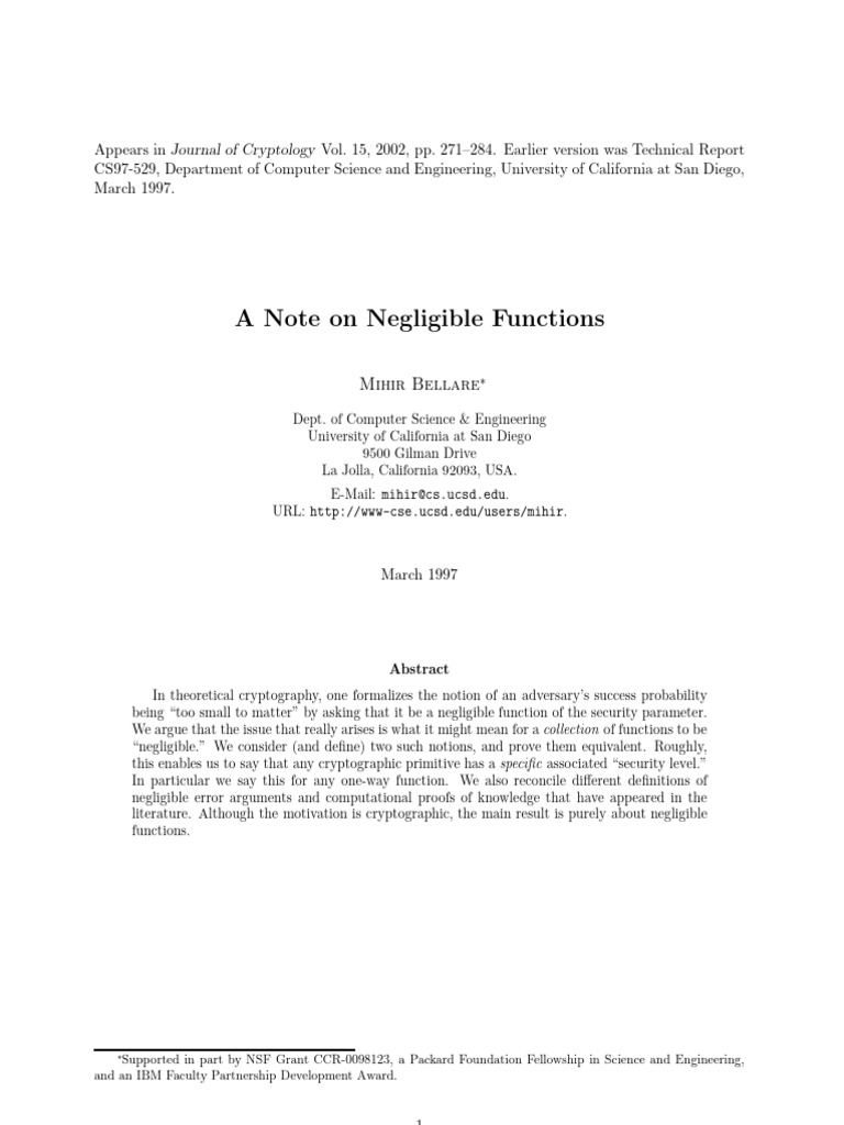 A Note On Negligible Functions, Universiti of California at San Diego ...