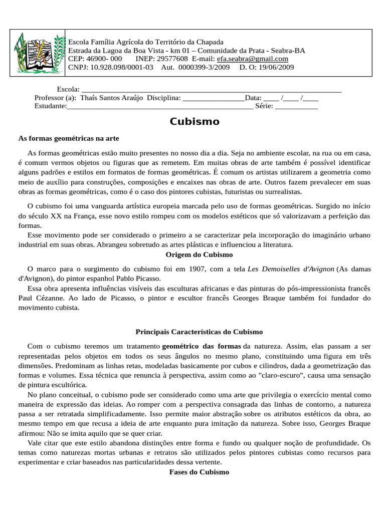 Atividade Arte 7a No Pdf Cubismo Pablo Picasso