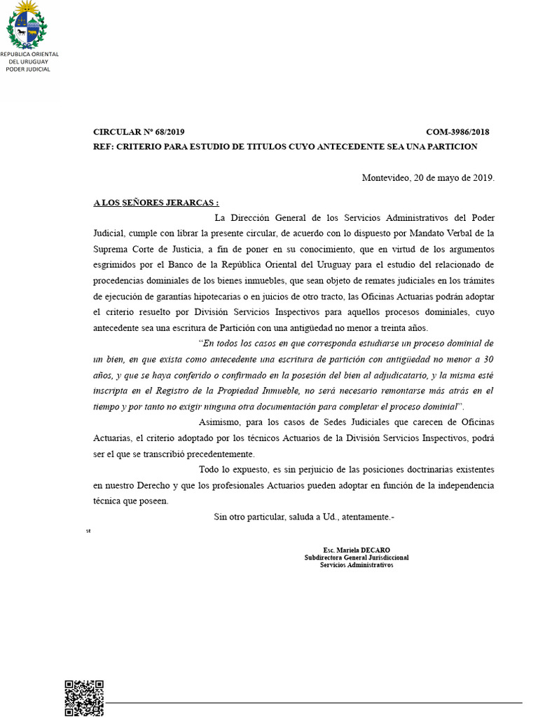 CIRCULAR #68/2019 COM-3986/2018 Ref: Criterio para Estudio de Titulos ...