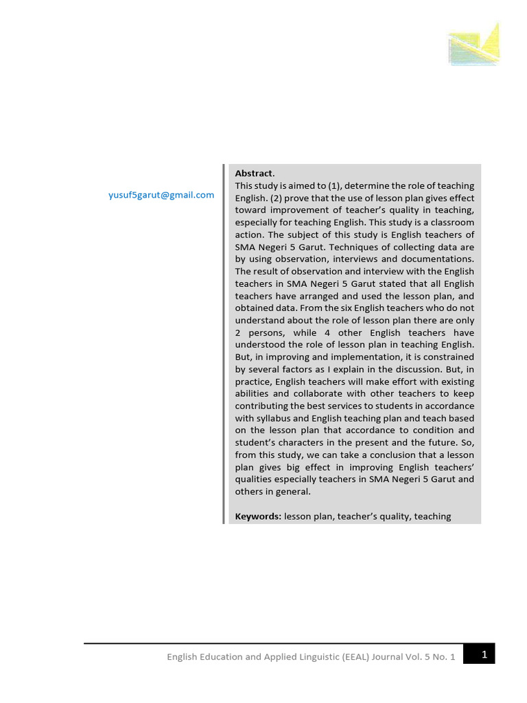 The Role of Lesson Plan As An Effort To Improve The Quality of Teachers ...