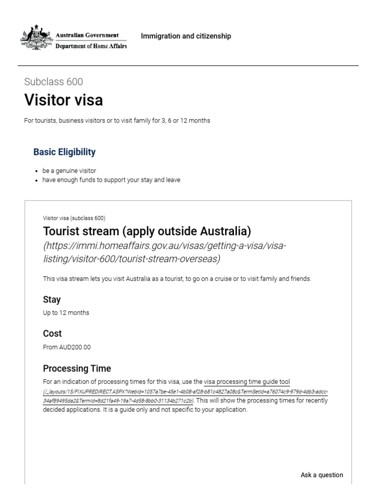 Visitor Visa (Subclass 600) | PDF | Travel Visa | Immigration Law