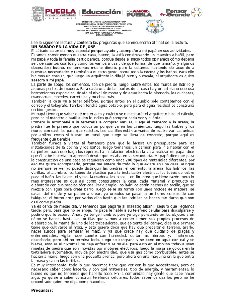 Anexo 4 Un Sabado en La Vida de Jose | PDF | Ladrillo | Cemento