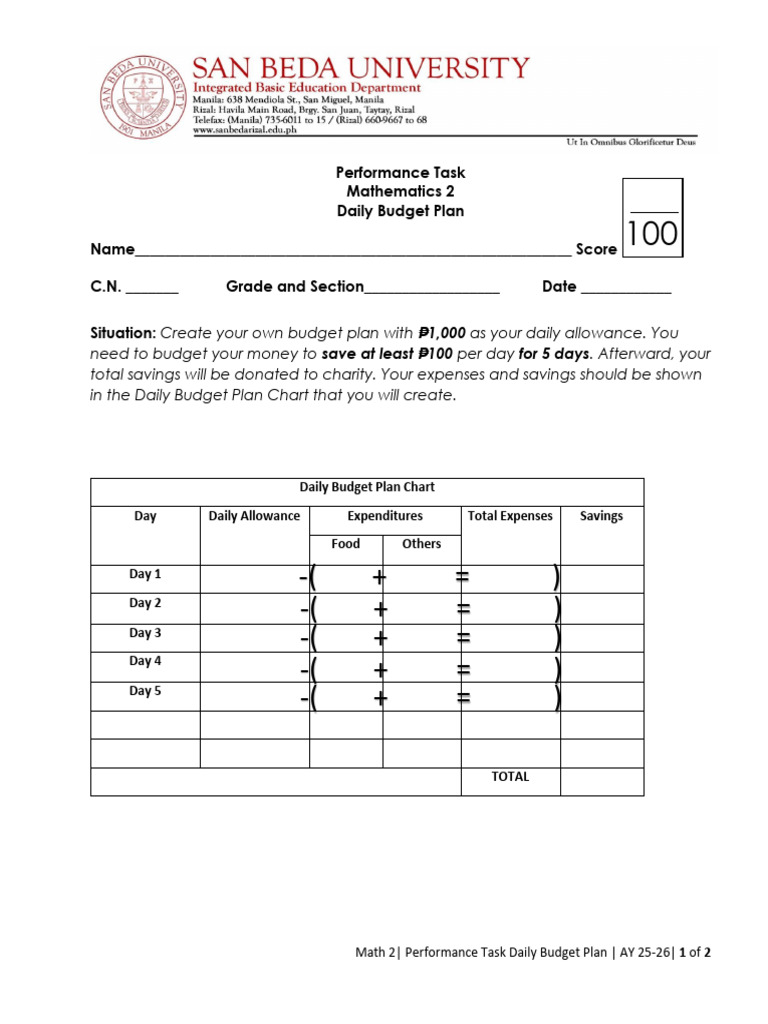 Math 2 PT Daily Budget Plan Worksheet 2ndQ 25-26 | PDF | Budget
