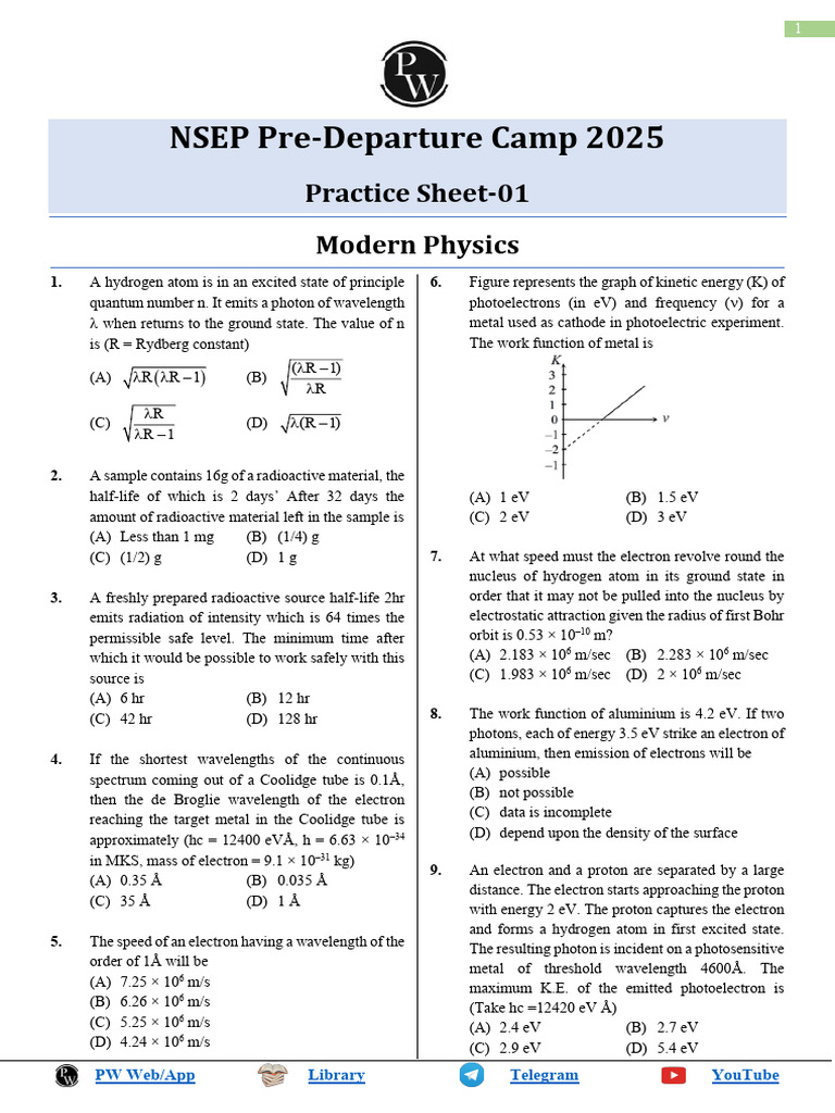 Modern Physics Practice Sheet 01 (Only PDF) | PDF | Atoms | Electron