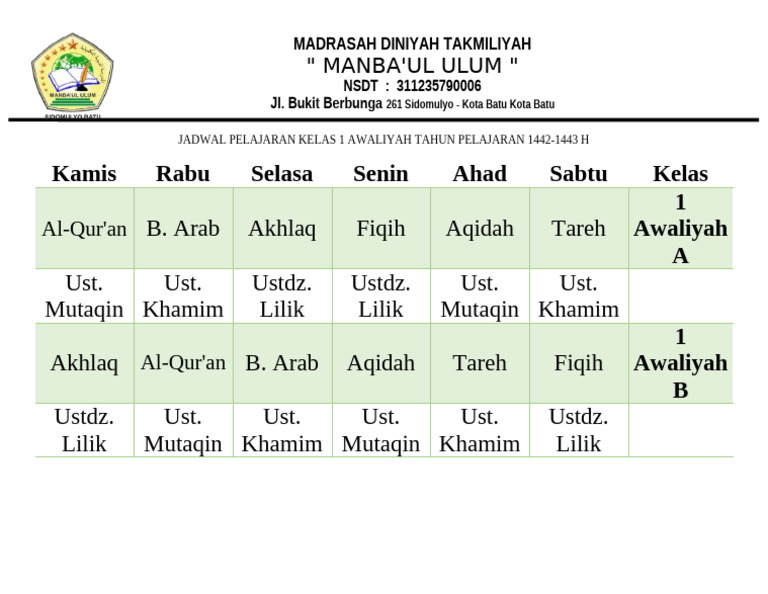 Jadwal Pelajaran Kelas 1 Awaliyah 1442-1443 | PDF