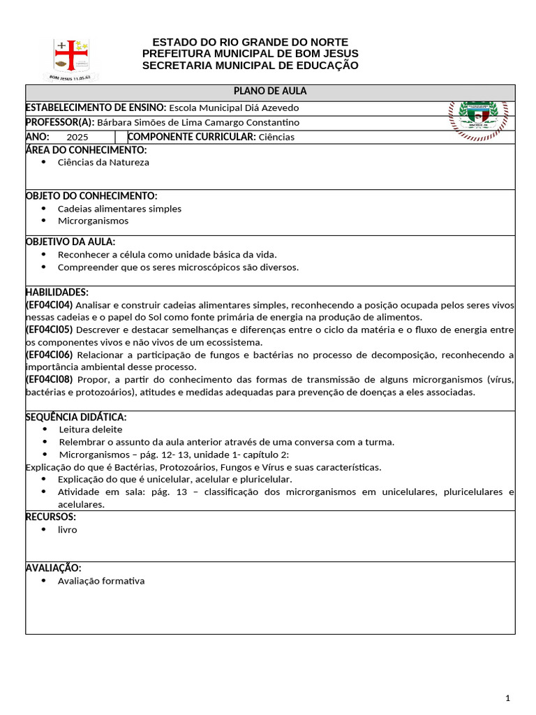 Plano de Aula: Cadeias Alimentares e Microrganismos | PDF