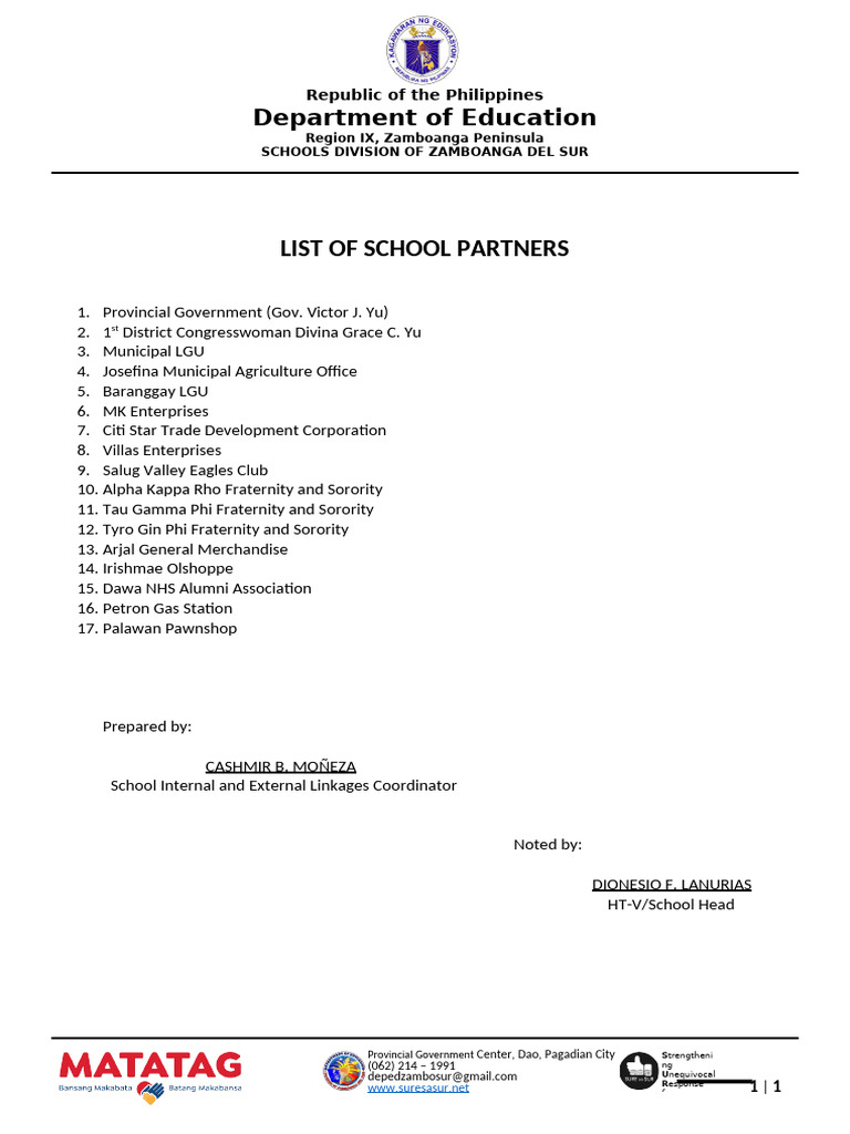 Zamboanga Del Sur School Partners List | PDF