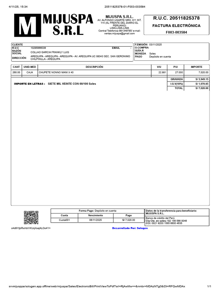 ESMERALDA3 20511825378-01-F003-003584 | PDF | Bancario | Servicios financieros