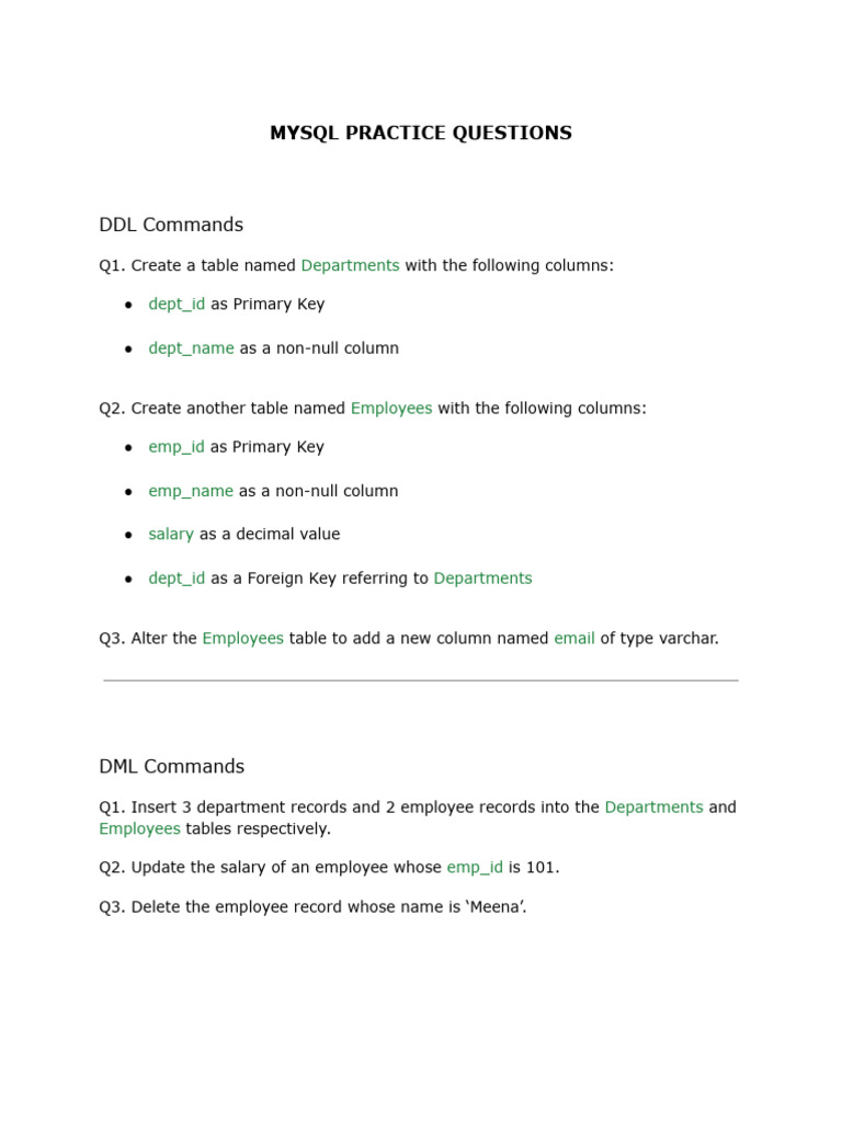 MySQL Practice Questions for DDL & DML | PDF