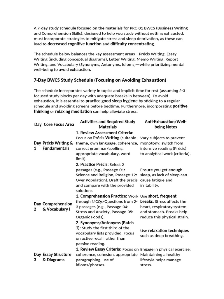 7-days Schedule for BWCS exam (CA) | PDF | Reading Comprehension | Sleep