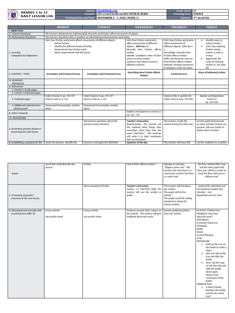 DLL - Science 6 - Q3 - W1 | PDF | Friction | Learning
