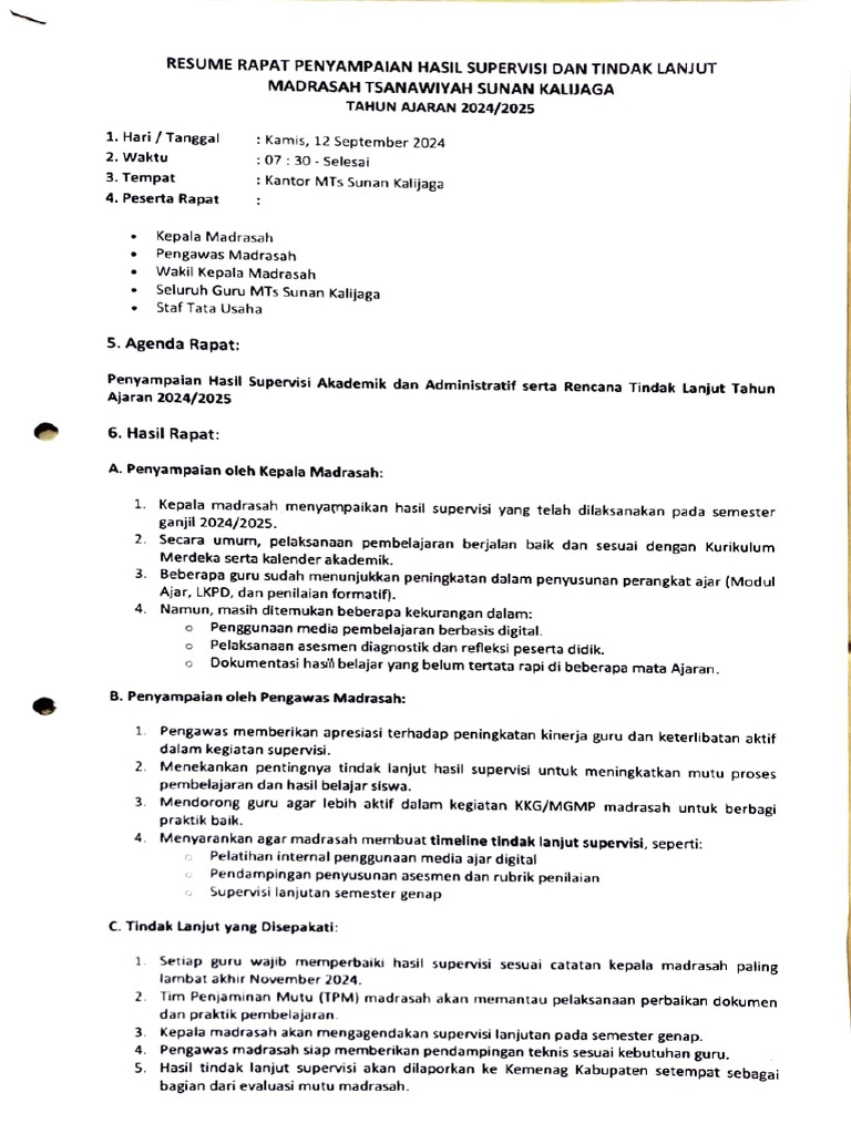Resume Rapat Hasil Supervisi Dan Tindak Lanjut Tahun 2024 | PDF