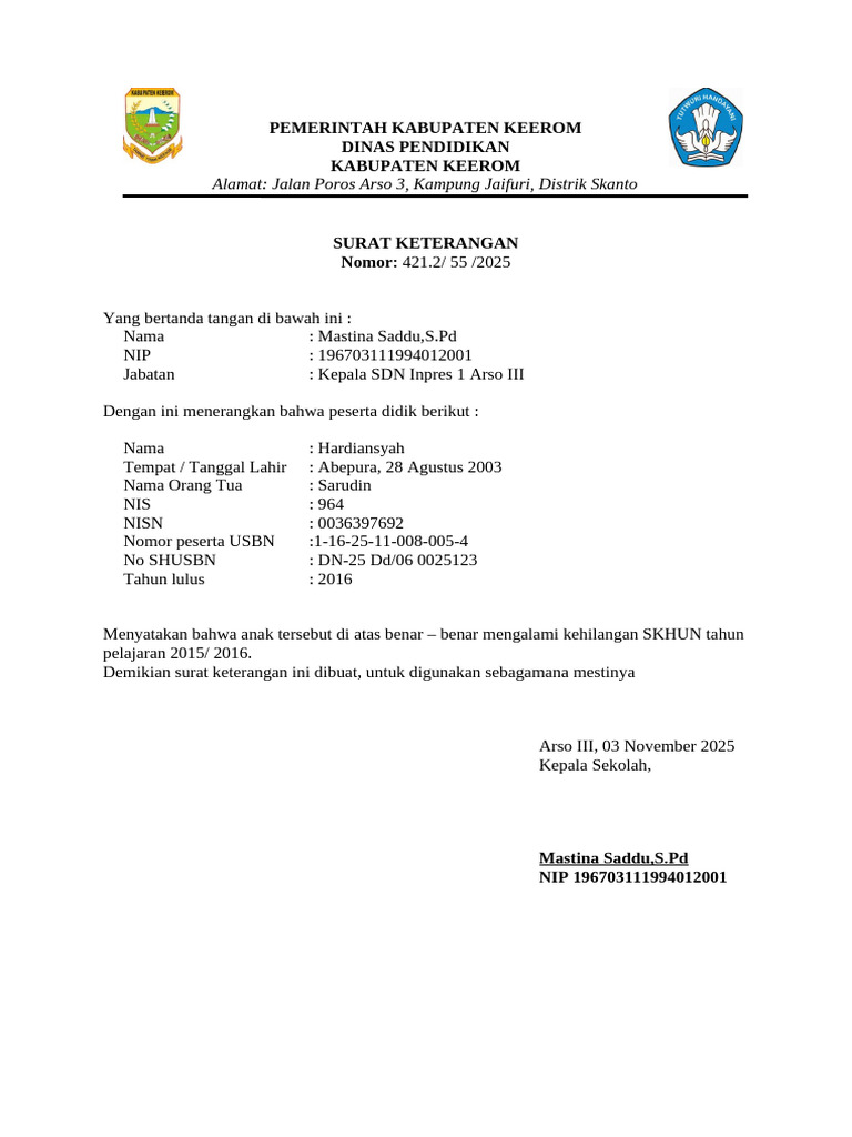 Surat Keterangan Kehilangan SKHUN 2016 | PDF