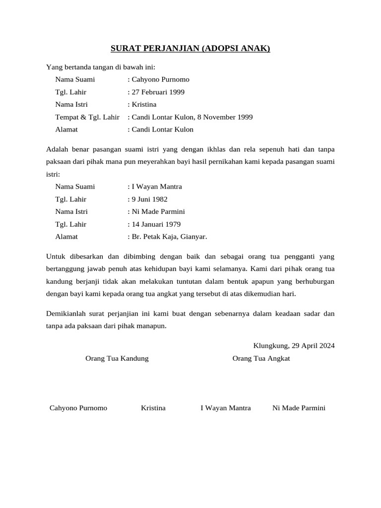 Surat Perjanjian Adopsi Anak 2024 | PDF