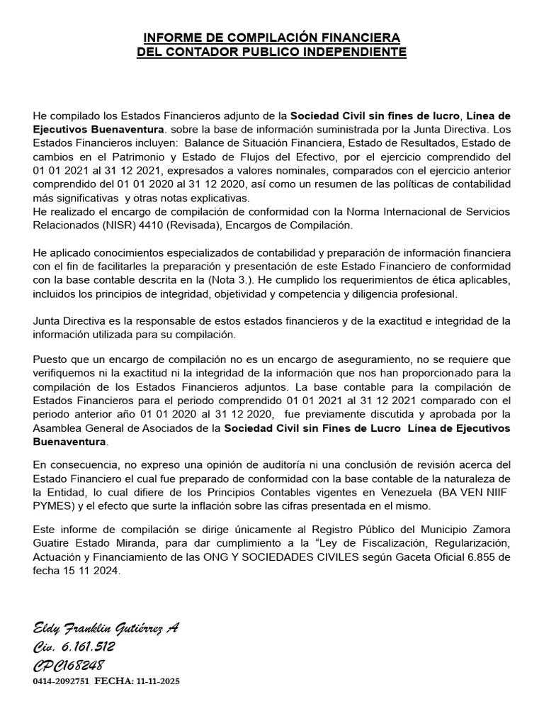 INFORME DE COMPILACION FINANCIERO 2021 2020 | PDF | Estado financiero ...