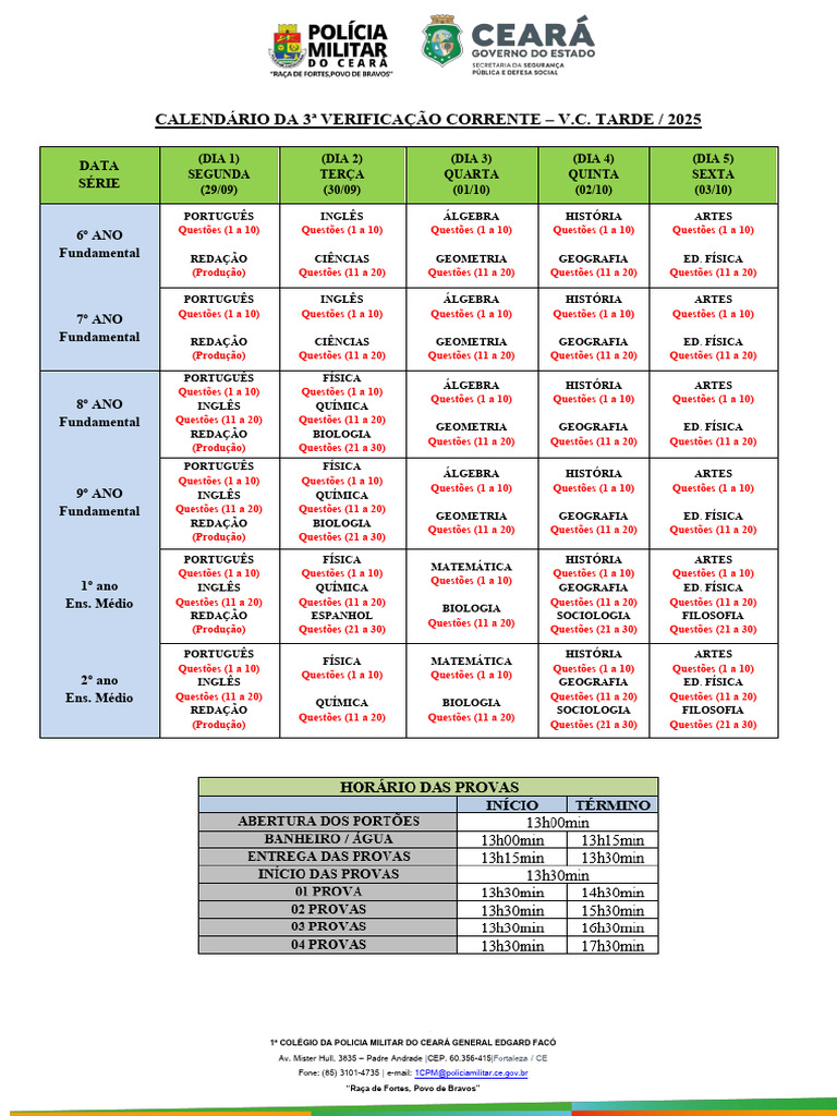 Calendário de Provas 2025 - 1º CPM CE | PDF