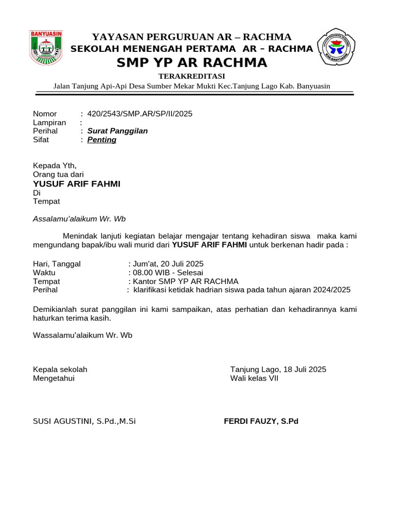 Surat Panggilan Wali Murid Siswa Absen | PDF