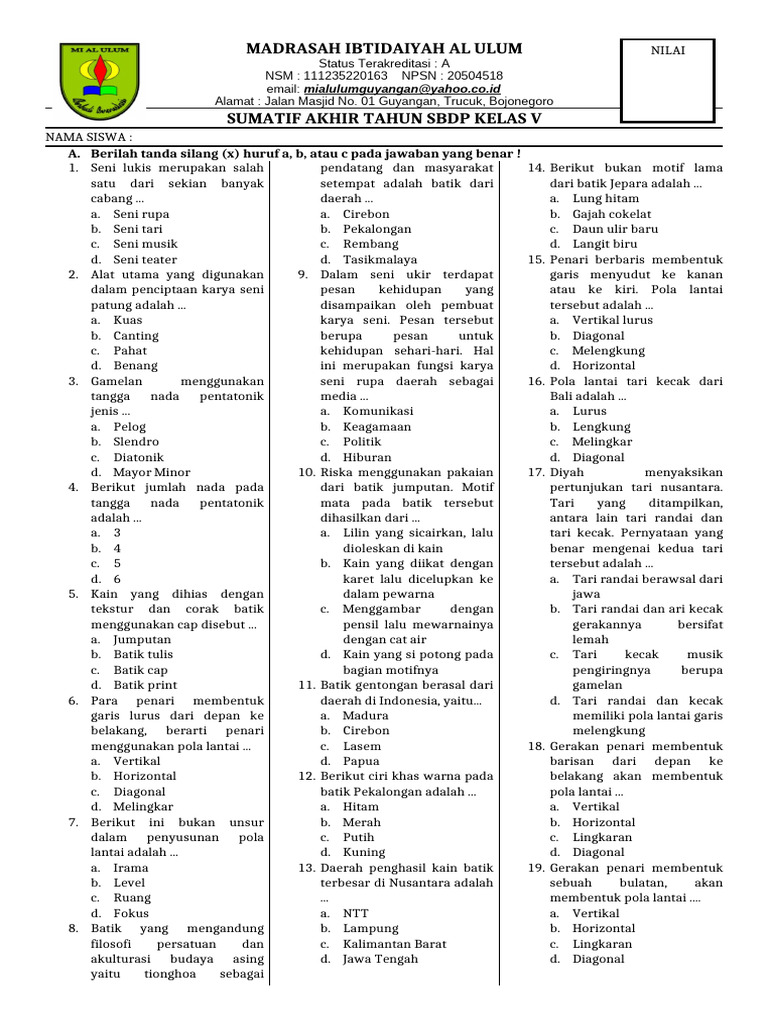 SOAL SUMATIF AS SBDP KELAS 5 | PDF