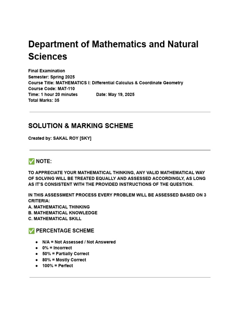 Final Mat 110 Spring 2025 Sky Solution-Marking-Scheme | PDF