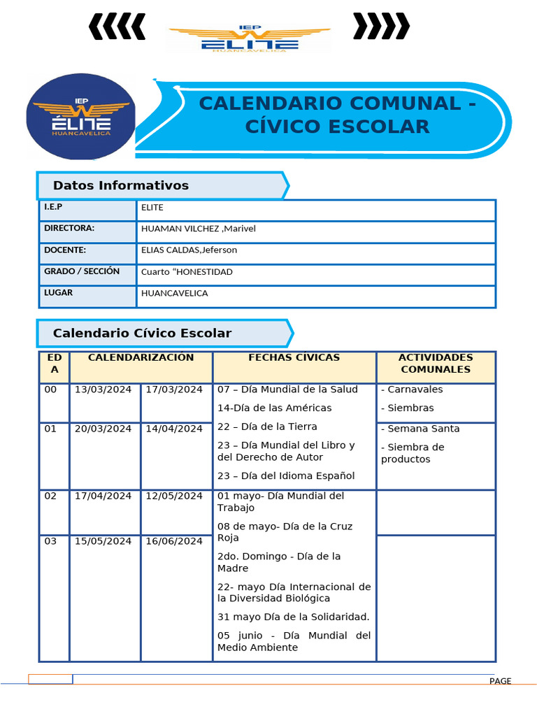 Calendario Cívico Escolar 2024 Huancavelica | PDF | América del Sur