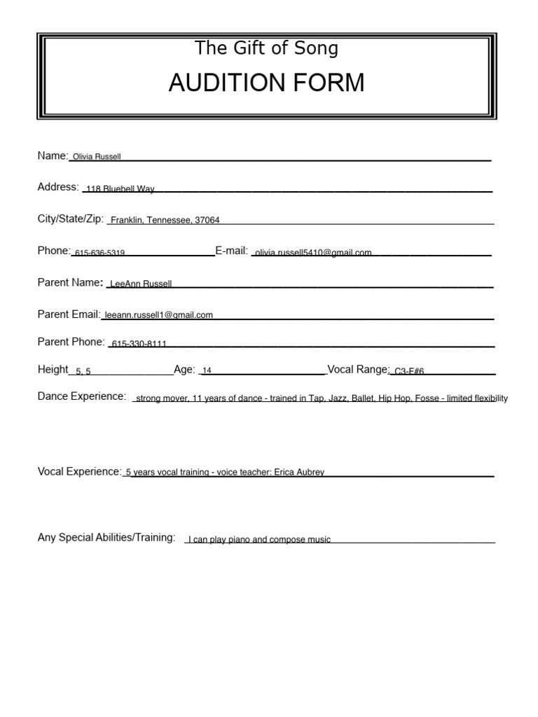 Community Theatre Audition Form | PDF | Performing Arts
