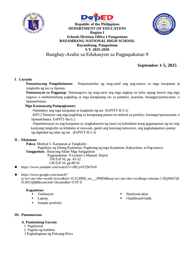 Dlp Esp 9 q2-Week 1 | PDF