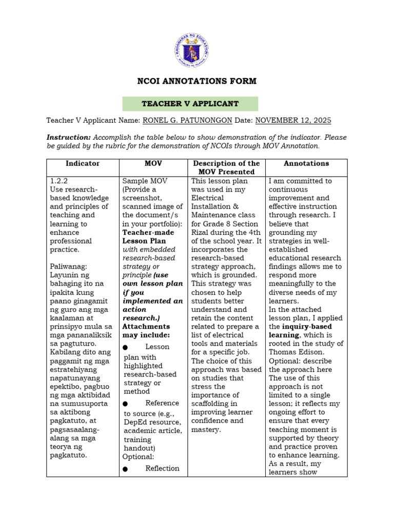 Sample Ncoi for t v Applicant | PDF | Reading Comprehension | Lesson Plan