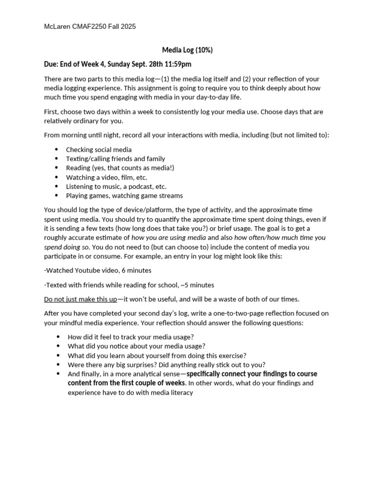 Media Log Assignment - 2250 2 | PDF | Communication | Human Communication