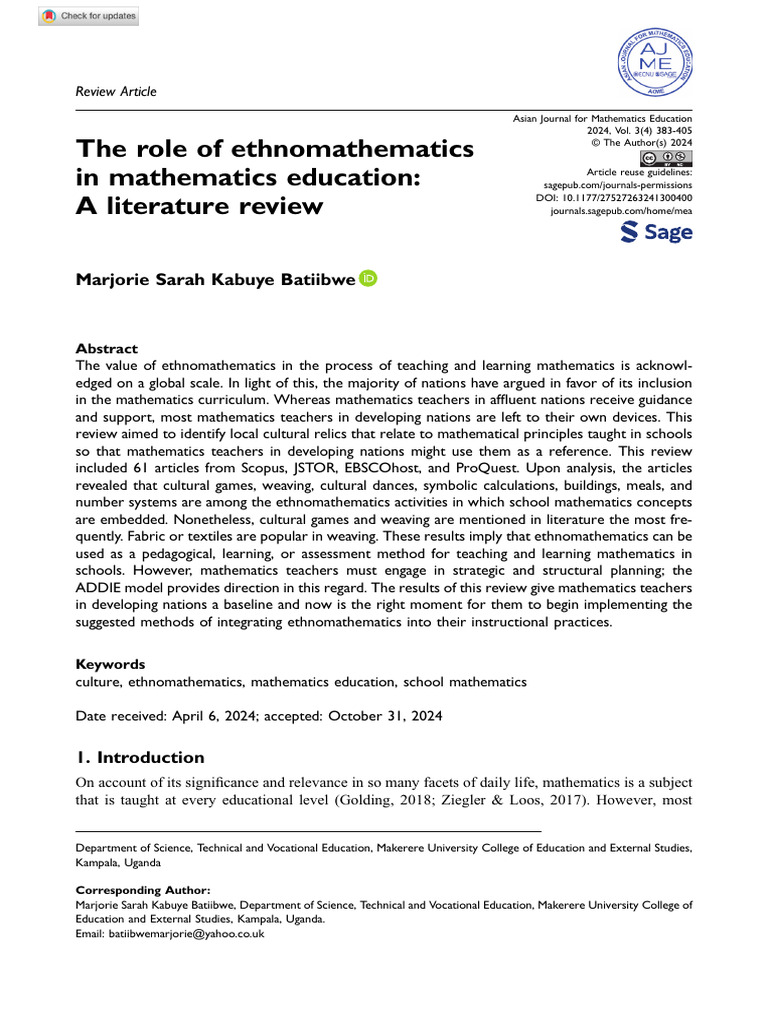 Ethnomathematics in Education: A Review | PDF | Learning | Teachers