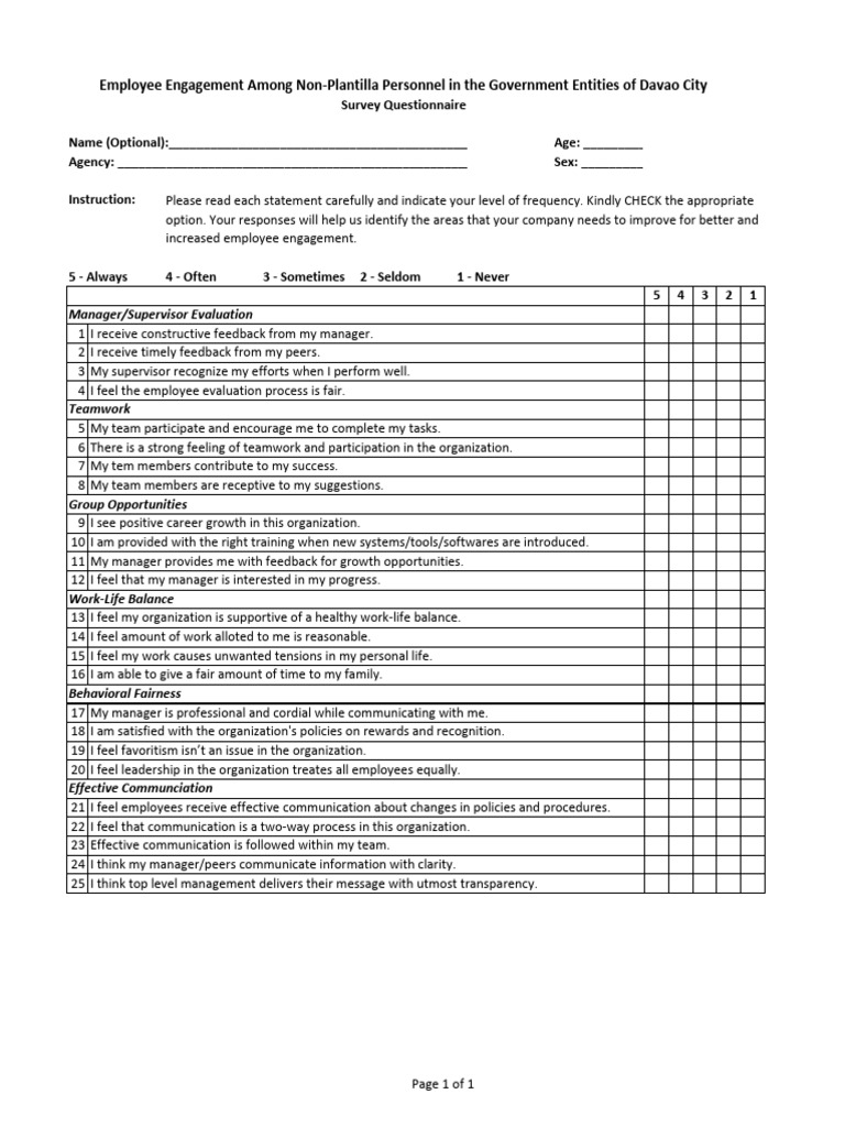 Employee Engagement Survey Questionnaire | PDF | Communication | Business