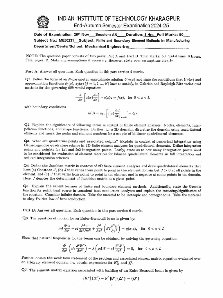 2024 End-Autumn Mechanical Engineering ME60231 Finite and Boundary ...