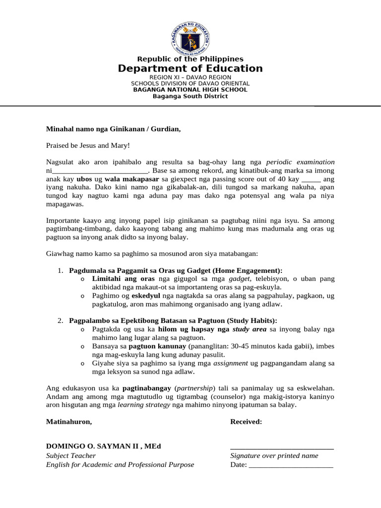 Letter For Parents With Failing and Positive Grades | PDF