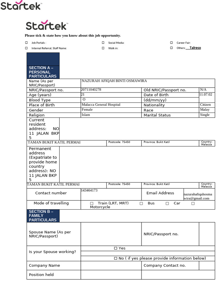 Startek Application Form 2 | PDF | Employment