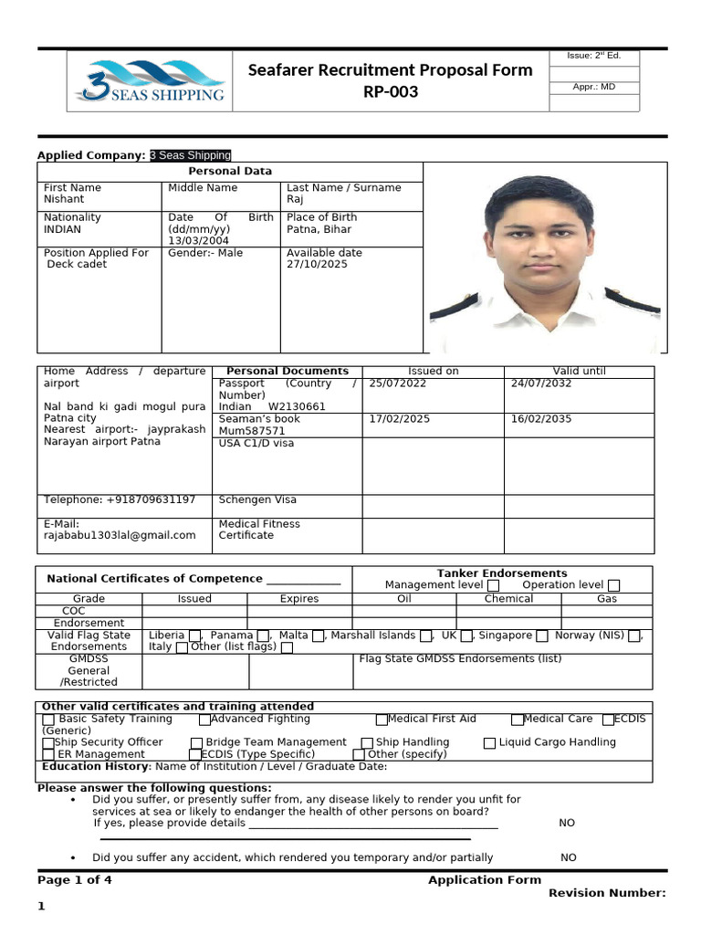 Seafarer Recruitment Proposal Form | PDF | Oil Tanker | Shipping