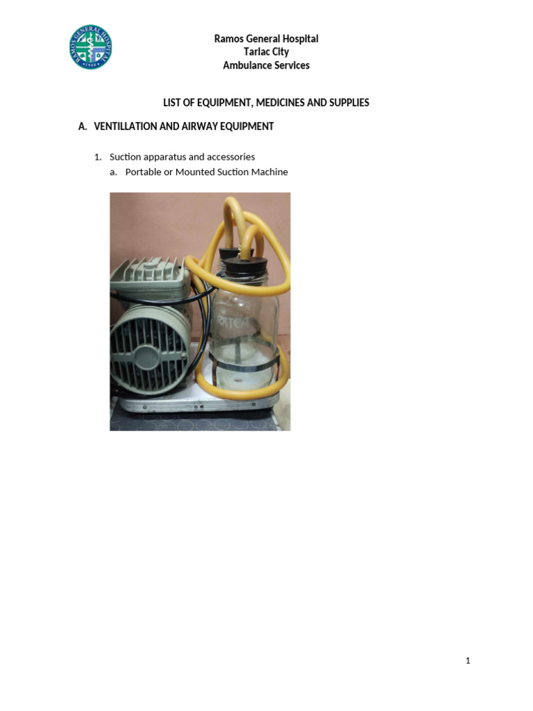 Ambulance Equipment List for Ramos Hospital | PDF | Emergency Medical ...