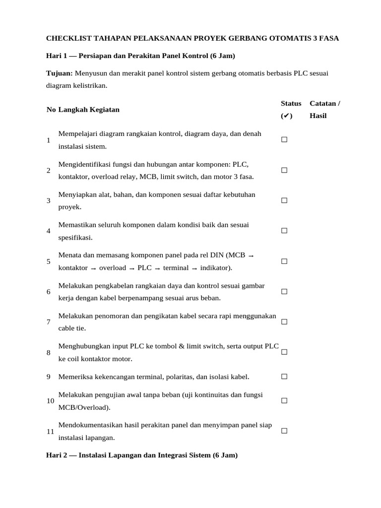 Checklist Proyek Gerbang Otomatis 3 Fasa | PDF