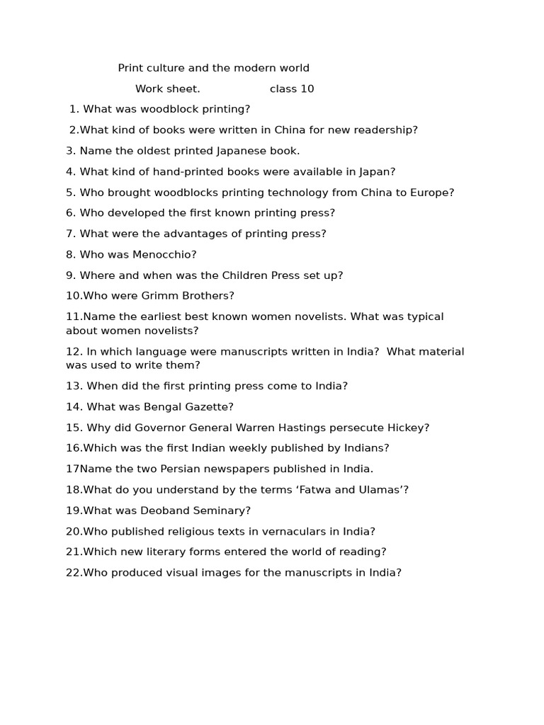 Work Sheet Class 10 Print Culture and the Modern World | PDF