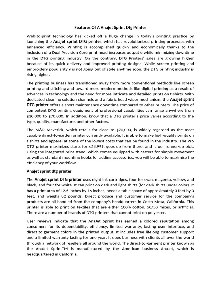 Features of A Anajet Sprint DTG Printer | PDF | Printer (Computing)
