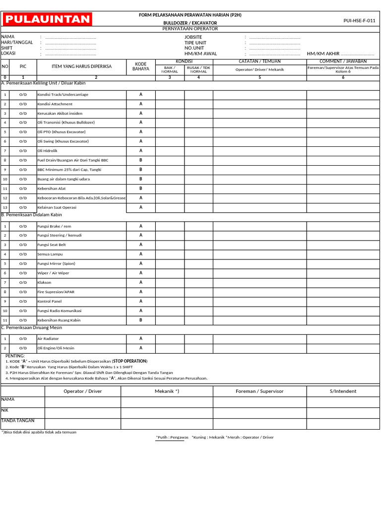 PUI HSE F 011 Formulir P2H Excavator Dozer (Track) | PDF