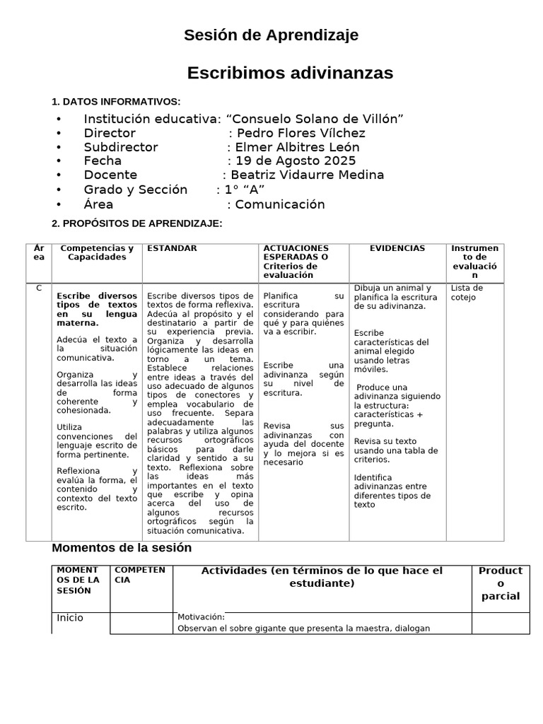 SESION COM. escribimos adivinanzas | PDF | Aprendizaje | Conceptos psicologicos