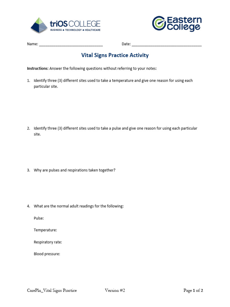 Vital Signs Practice Activity Handout | PDF